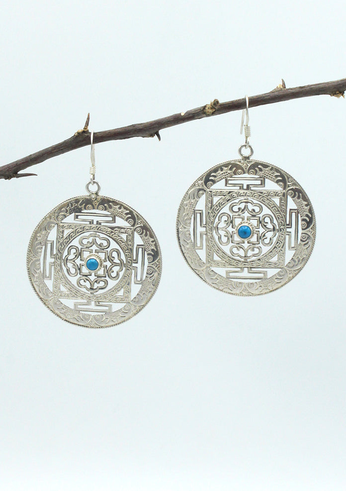 Sterling Silver Turquoise Inlaid Mandala Earrings Large — NepaCrafts ...