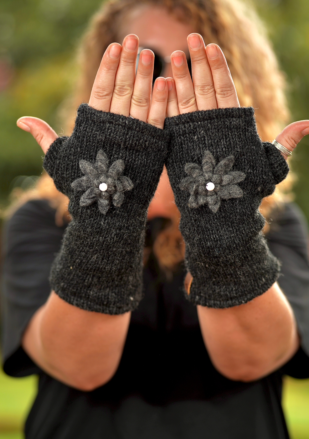 Beautiful Black Color Finger less Hand Warmer with Flower — NepaCrafts ...
