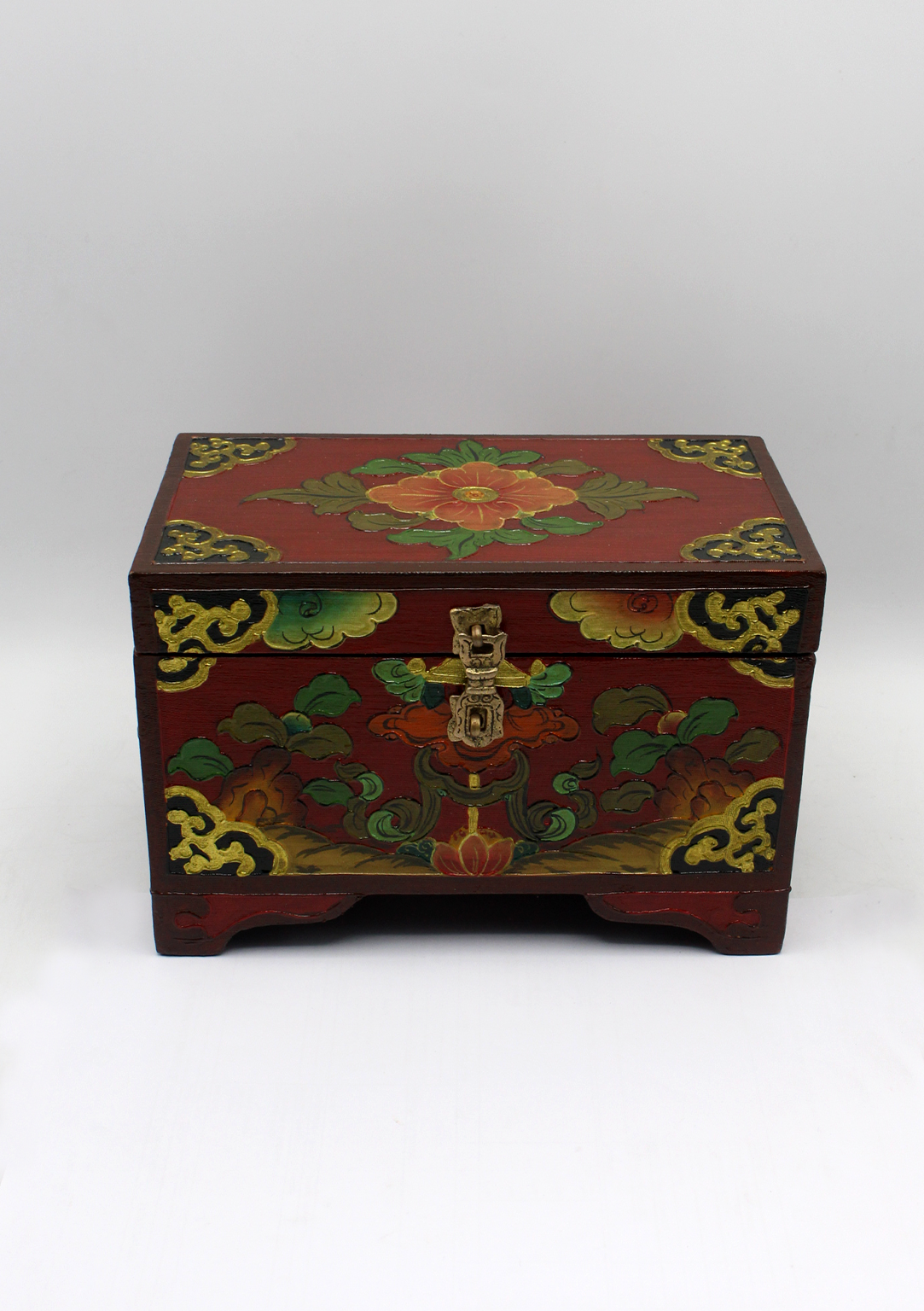 Handpainted Tibetan Red Flower Wooden Box with Parasol- Large ...