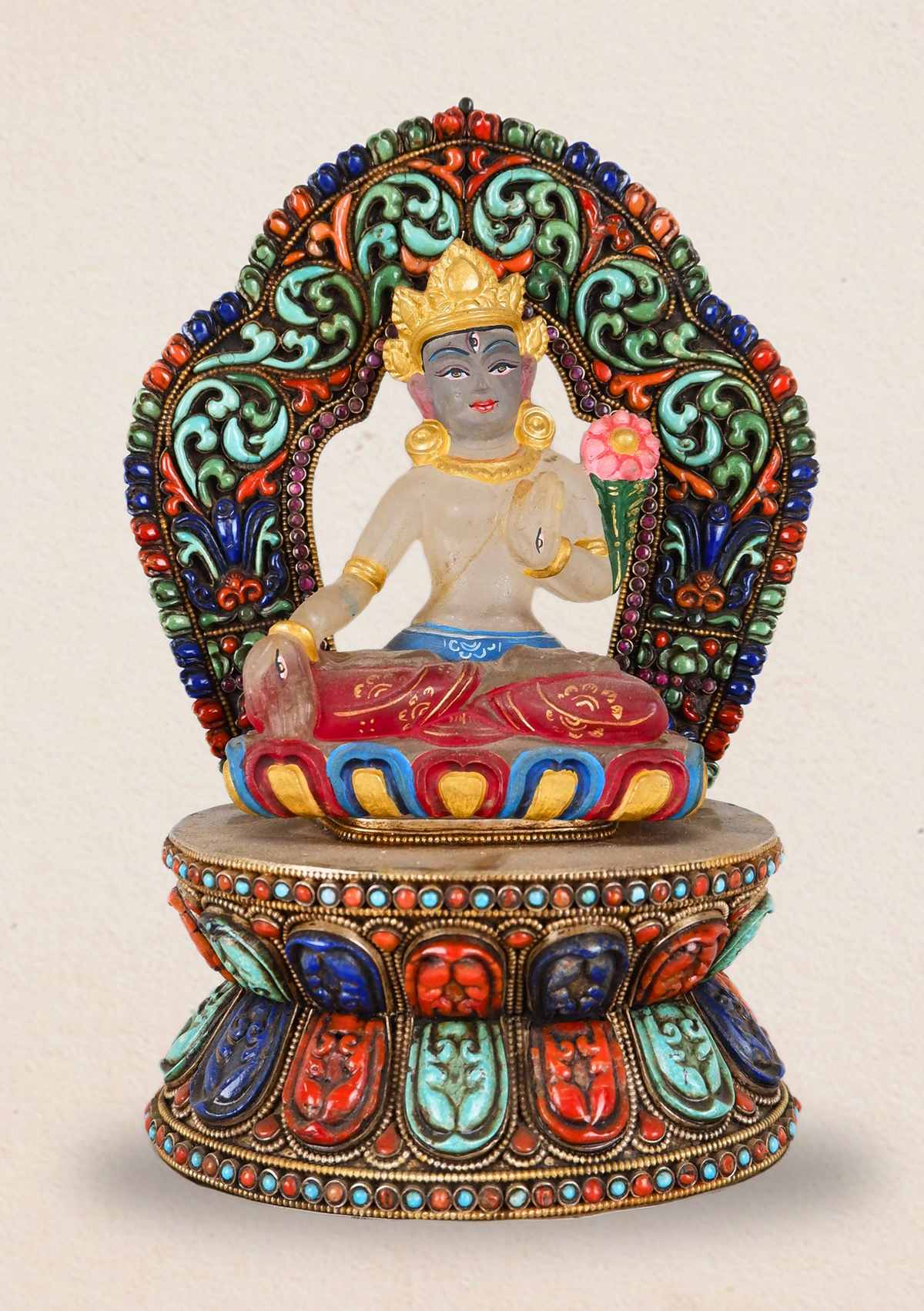 Crystal White Tara Statue Seated on the Silver Sterling Throne with Ge ...