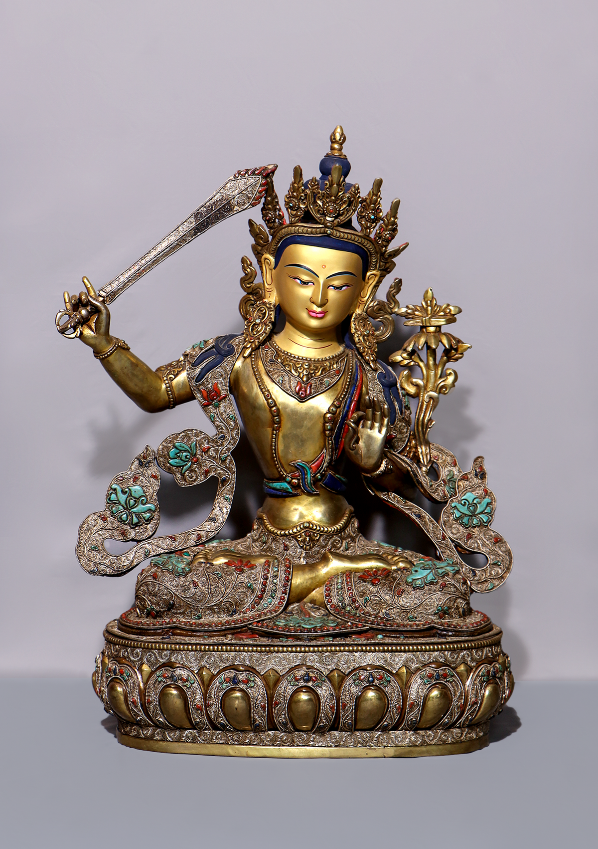 Mastercrafted Silver Filigree Stone Inlaid Manjushri Statue 19"H ...