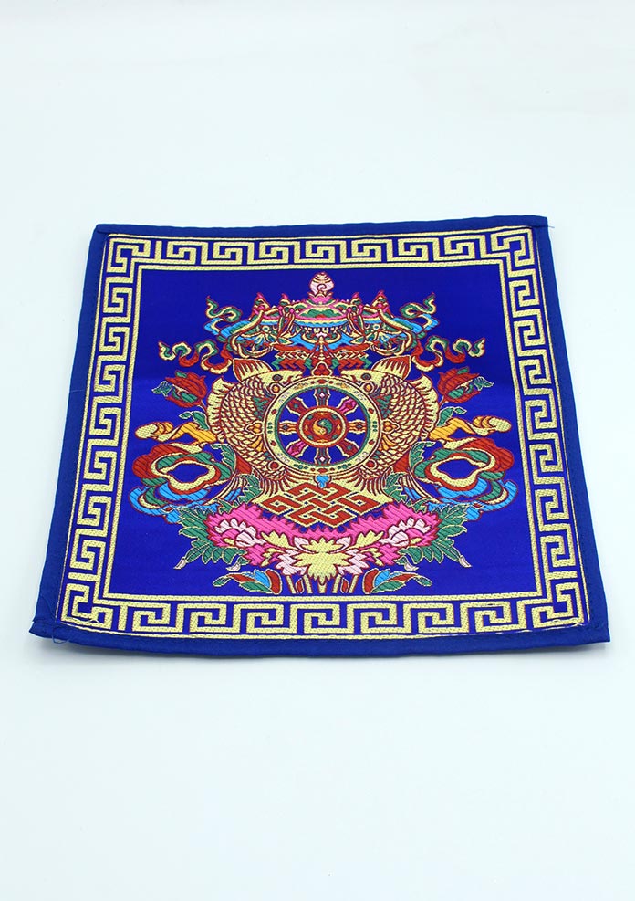 Dharma Chakra with Endless Knot Altar Cloth (Blue) — NepaCrafts Product