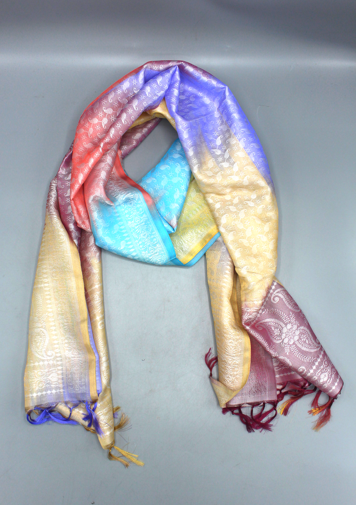 Silk Mixed Polyester Leaf and Flower Multi Color Shawls with Furka ...