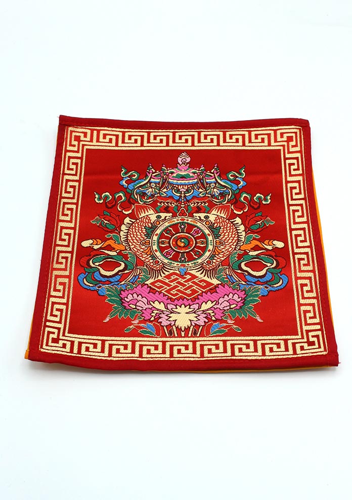 Dharma Chakra with Endless Knot Altar Cloth (Red) — NepaCrafts Product