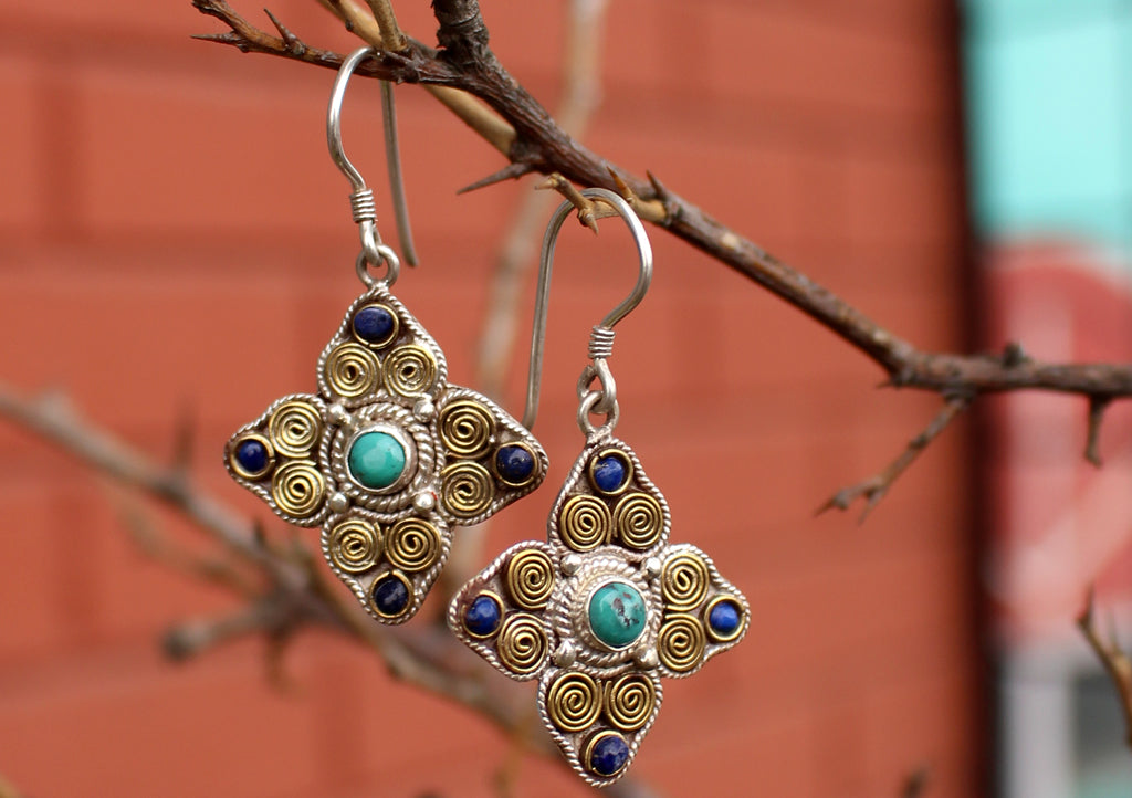 Tibetan Double Dorjee Silver Earrings Inlaid Turquoise and Lapis ...