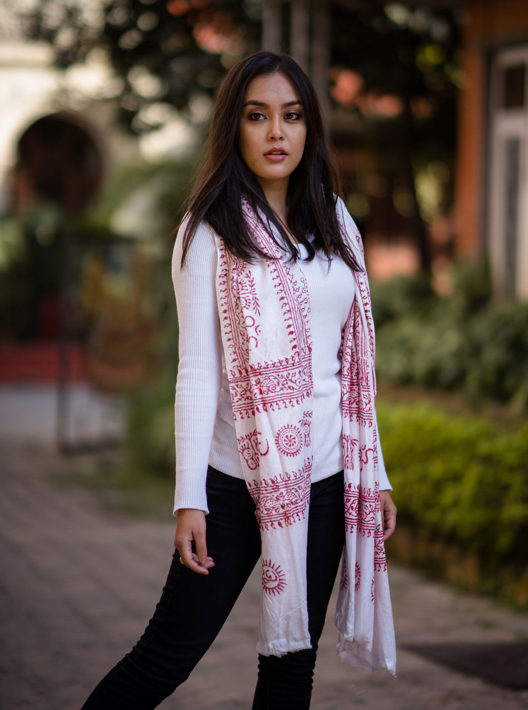 White Om Prayer Shawl — NepaCrafts Product