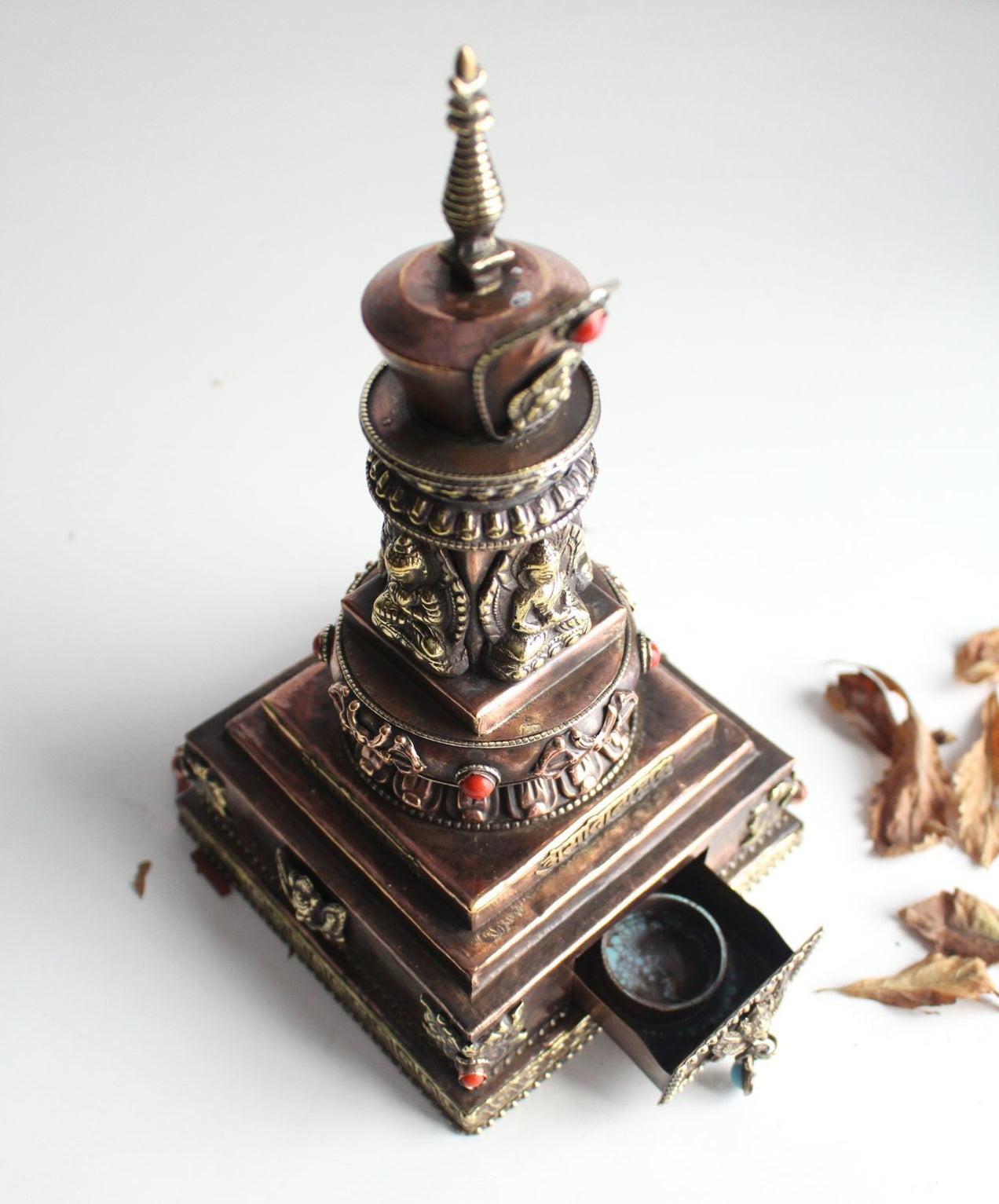 Copper Buddha Stupa with Incense Burner — NepaCrafts Product