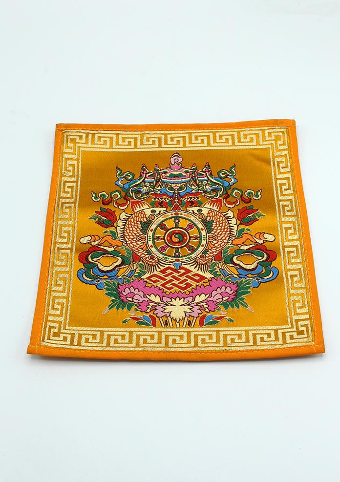 Dharma Chakra with Endless Knot Altar Cloth (Yellow) — NepaCrafts Product