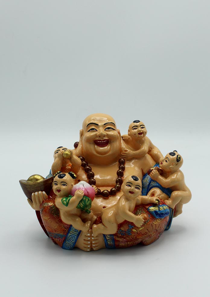 Hand Painted Feng Shui Laughing Buddha Sitting with Five Children Stat ...