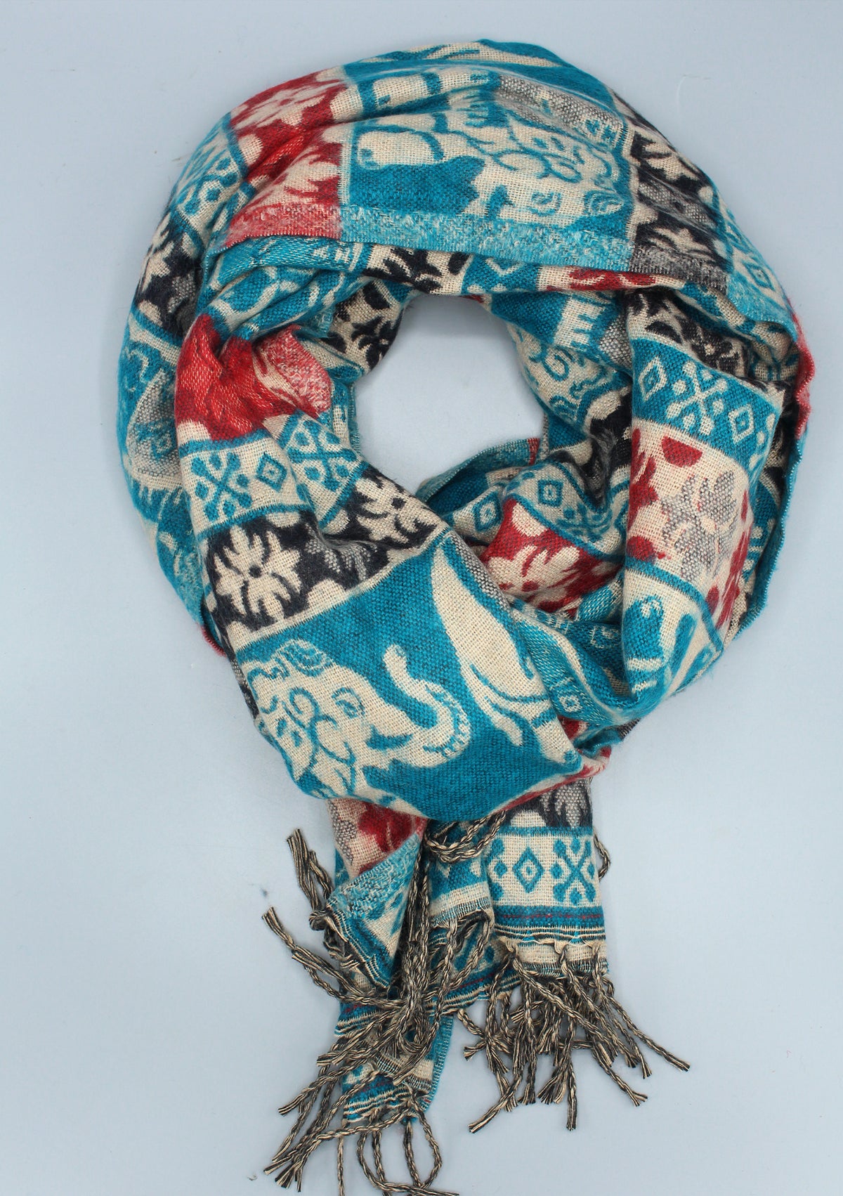 Turquoise Elephant Design Multi Color Yak Wool Shawl — NepaCrafts Product