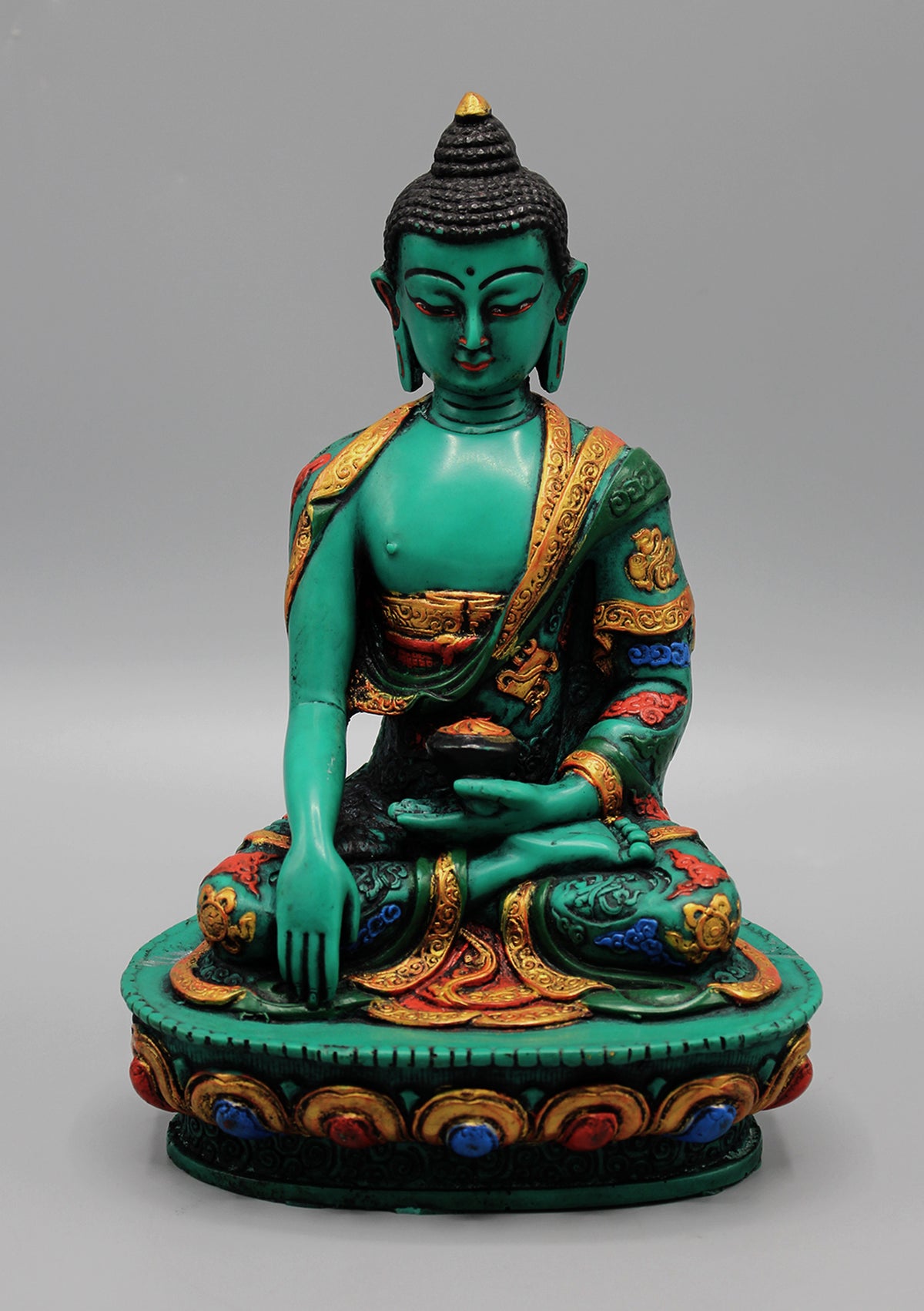 Embossed Painting Green Resin Shakyamuni Buddha Statue — NepaCrafts Product